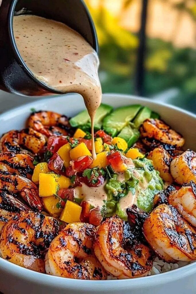 Shrimp and Avocado Bowls with Mango Salsa and Lime Chili Sauce ...